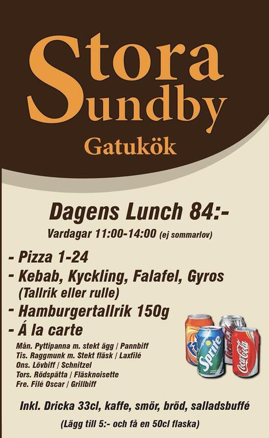 Menu at Stora Sundby Gatukök pizzeria, Sweden