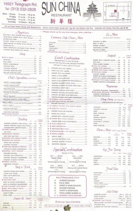 Menu at Sun China restaurant, Detroit