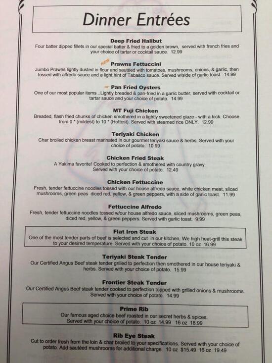 Menu at Last Frontier Restaurant, Yakima