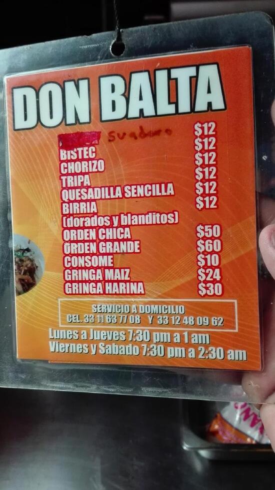 Menu at Tacos Don Balta restaurant, Guadalajara