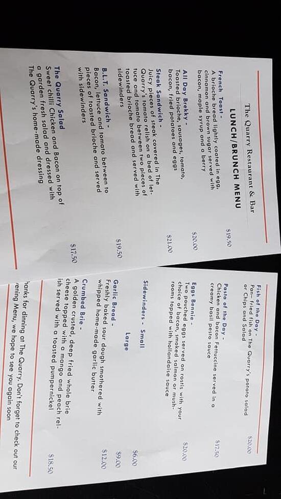 Menu at The Quarry Restaurant, Westport