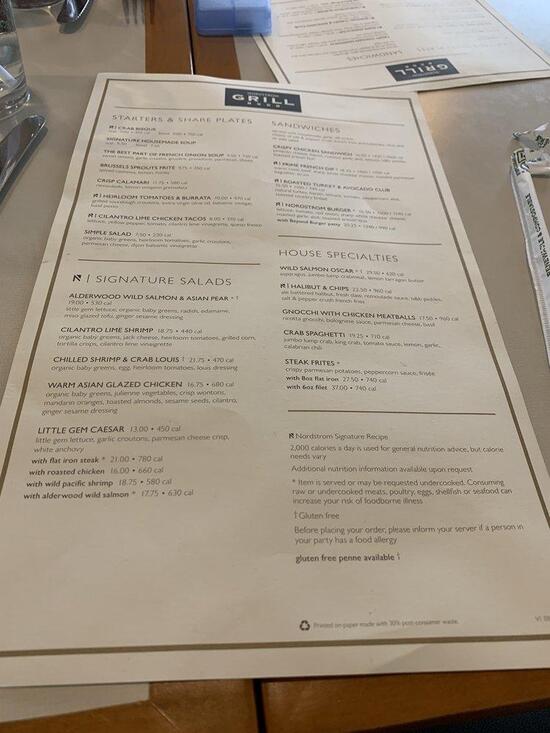 Menu at Nordstrom Grill at Nordstrom pub & bar, Bloomington