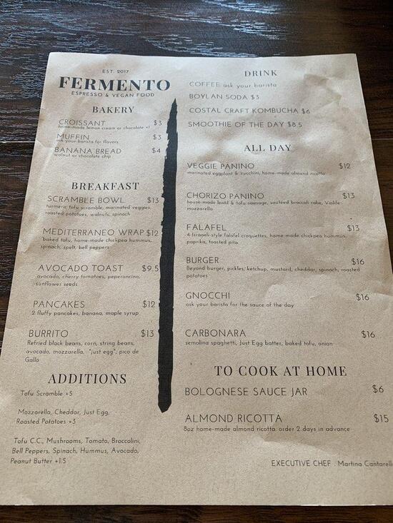 Menu at Fermento - espresso & vegan food cafe, Long Beach