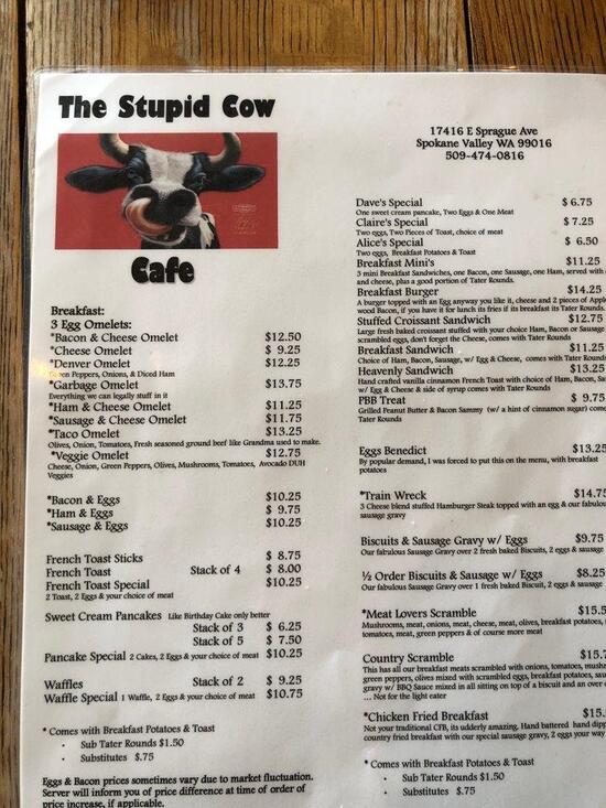 Menu at The Stupid Cow Cafe, Spokane Valley
