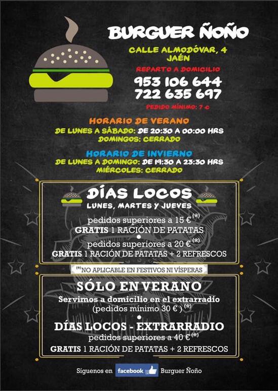 Menu at Burger Ñoño restaurant, Jaén