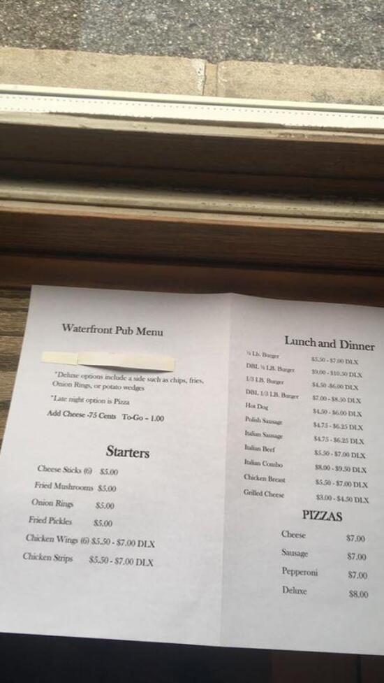 Menu at Waterfront Marine Inc pub & bar, Burnham
