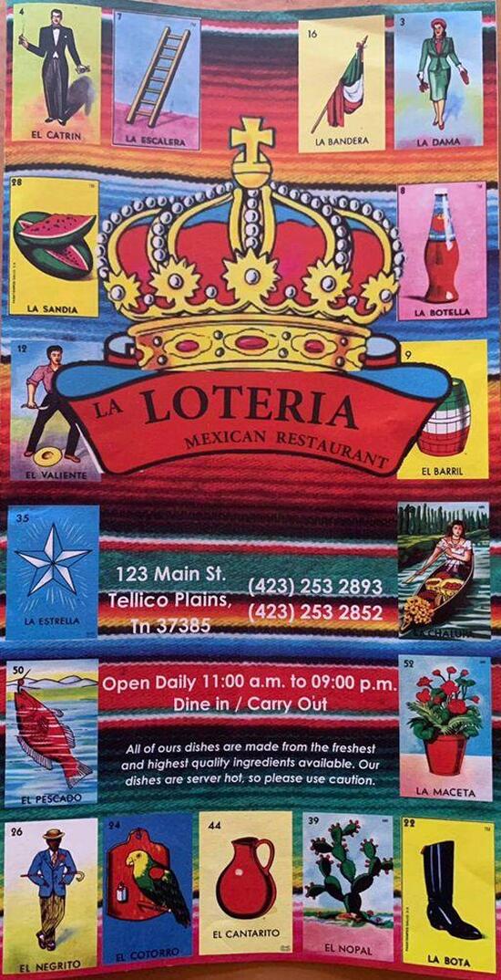 Menu at La Loteria restaurant, Tellico Plains