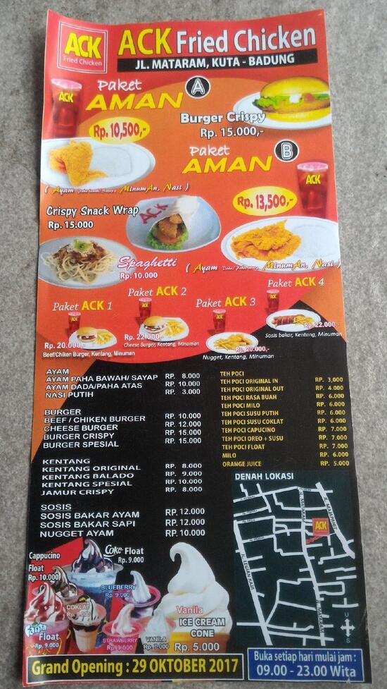 Menu at Ack Fried Chicken Jl. Mataram Kuta fast food, Denpasar