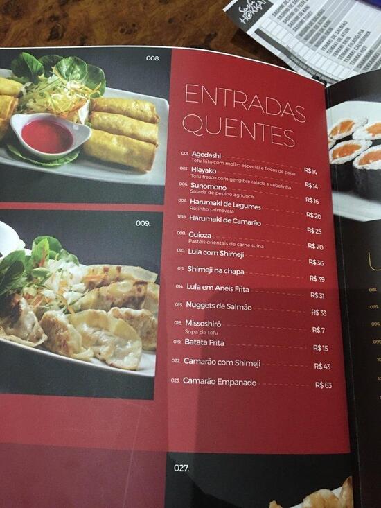 Menu at Sushi Hokkai restaurant, Foz do Iguaçu