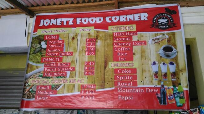 Menu at Jonetz Food Corner cafe, Santo Tomas