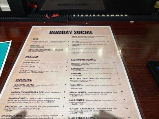 Menu at Bombay Social restaurant, Cambridge