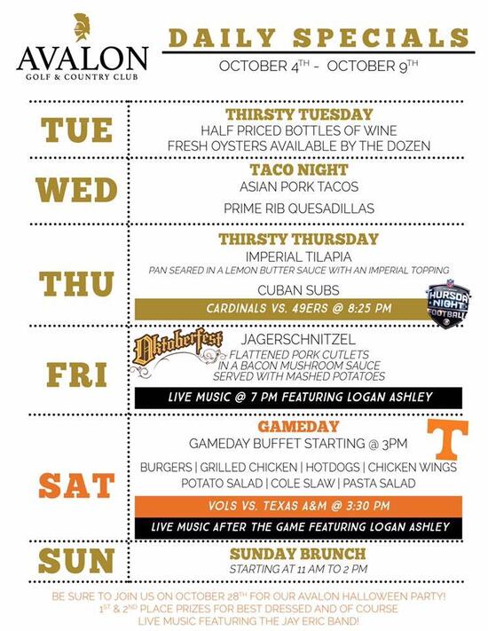 Menu at Avalon Grille restaurant, Lenoir City