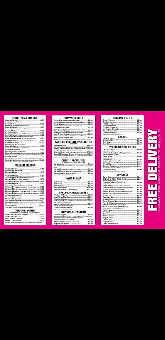 Menu at Eastern Delight fast food, Heckmondwike