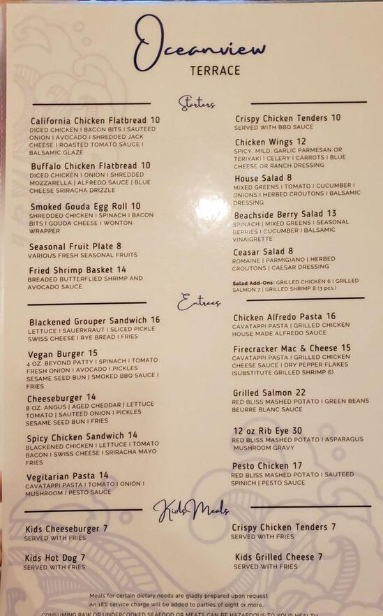 Menu at Oceanview Terrace Bar And Grill, Daytona Beach