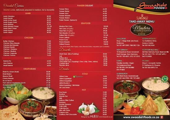 Menu at Swaadisht Foods Shallcross restaurant, Durban, 1