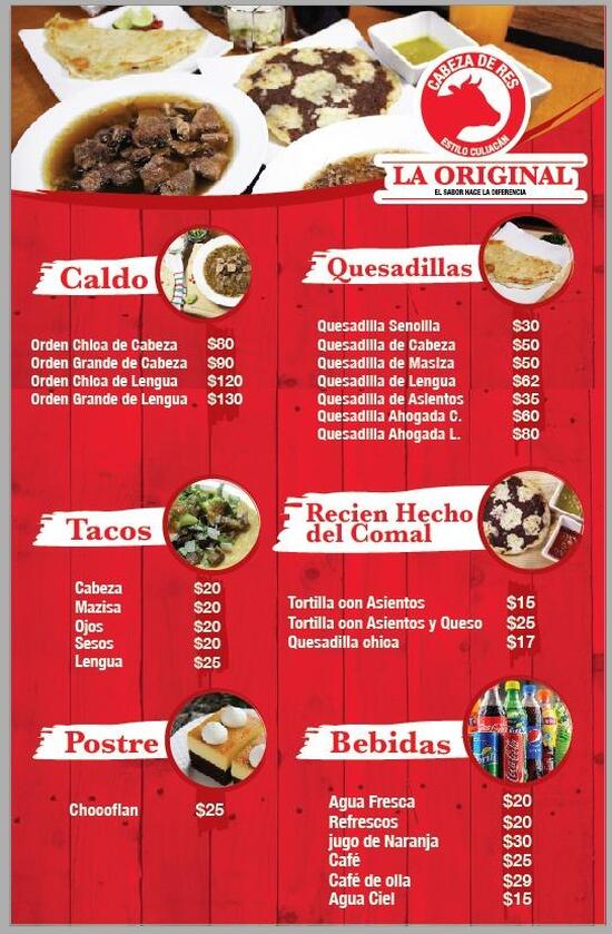 Menu at Cabeza de Res Estilo Culiacán "La Original" restaurant, Tijuana