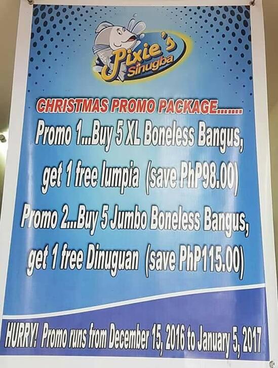 Menu at Pixies Sinugba San Bartolome, Quezon City
