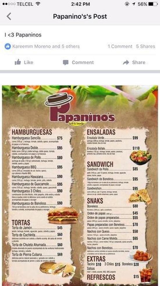 Menu at Papanino's restaurant, Hermosillo