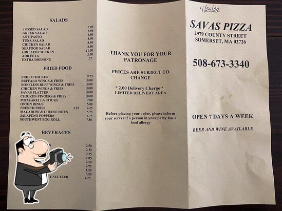 Menu at Savas Pizza pizzeria, Somerset