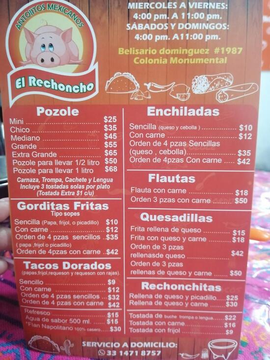 Menu at El Rechoncho Antojitos Mexicanos restaurant, Guadalajara