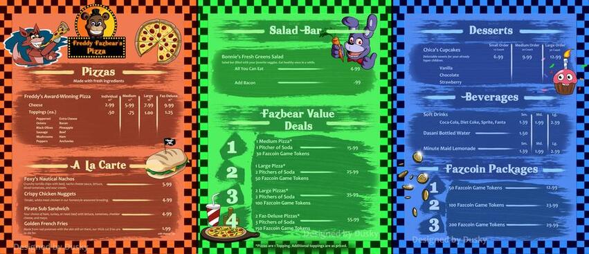 Menu at Freddy Fazbear's Pizza pizzeria, Hurricane