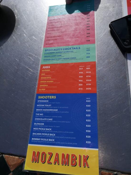 Menu at Mozambik Bloubergstrand restaurant, Cape Town