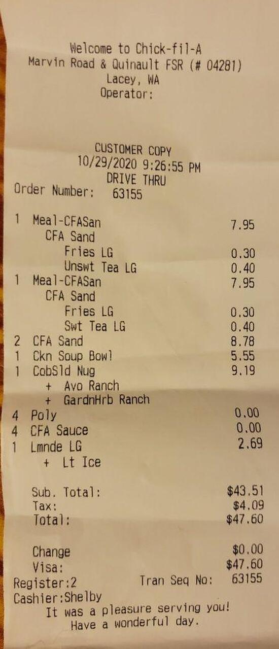 Menu at Chick-fil-A fast food, Lacey