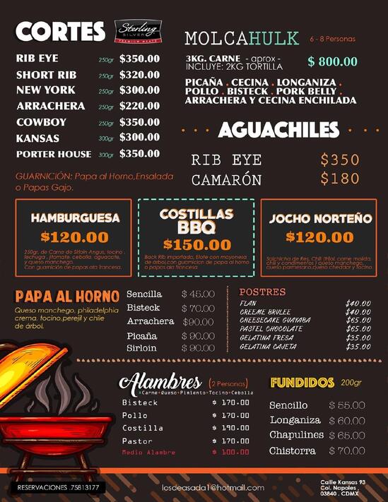 Menu at Los de Asada restaurant, Mexico City, C. Kansas 93