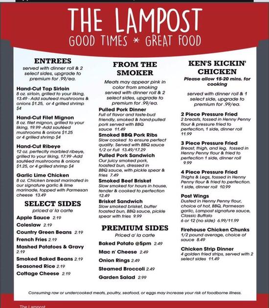 Menu at The Lampost restaurant, New Paris