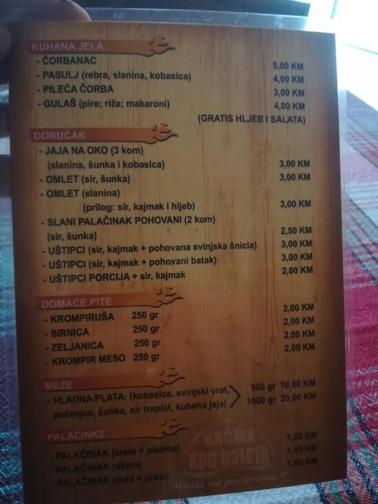 Menu at Caffe Pile cafe, Brčko