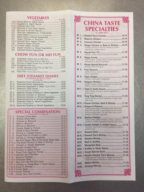 Menu at China Taste restaurant, Carmel Hamlet