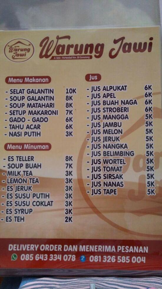 Menu at Warung Jawi restaurant, Gemolong, Jln. Solo - Purwodadi Km. 20 ...