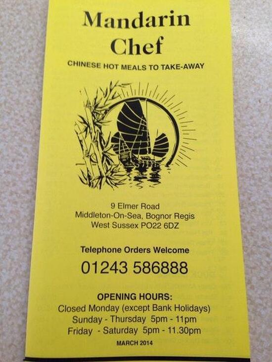 Mandarin Chef, 9 Elmer Road in Bognor Regis - Chinese restaurant menu ...