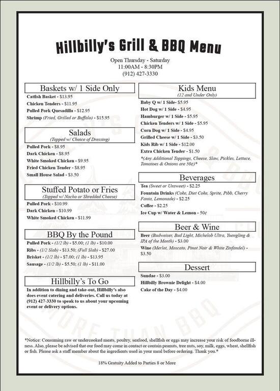 Menu at Hungry Hillbilly's Grill and BBQ, Jesup
