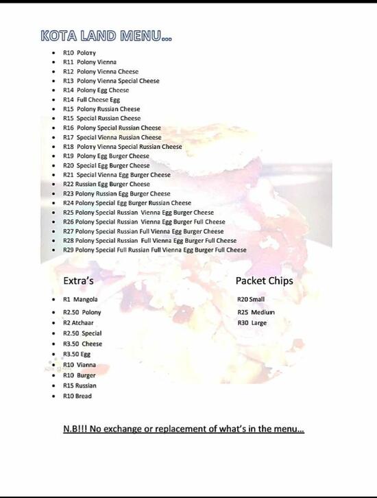 Menu at KOTA LAND restaurant, Vosloorus