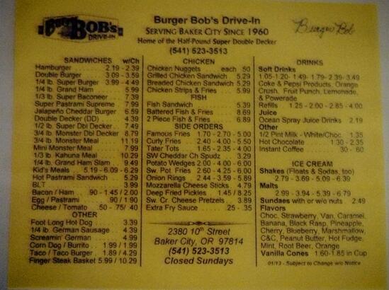 Menu at Burger Bob's Drive-In restaurant, Baker City
