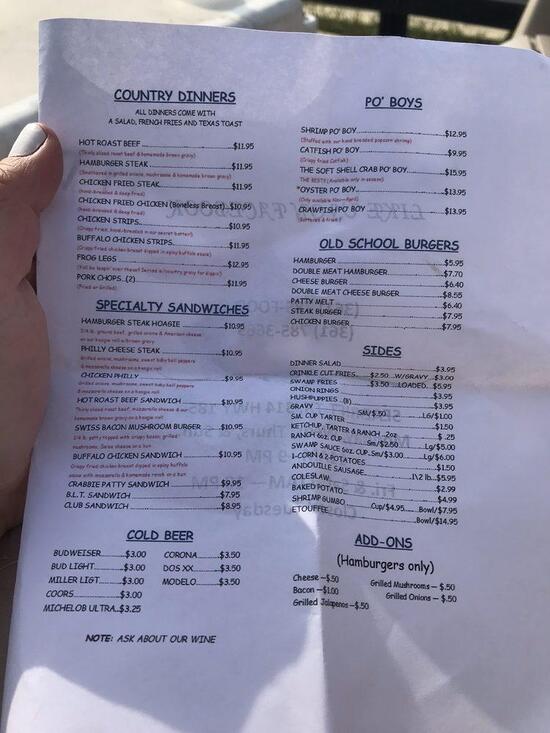 Menu at The Shack restaurant, Seadrift, 314 Broadway Ave