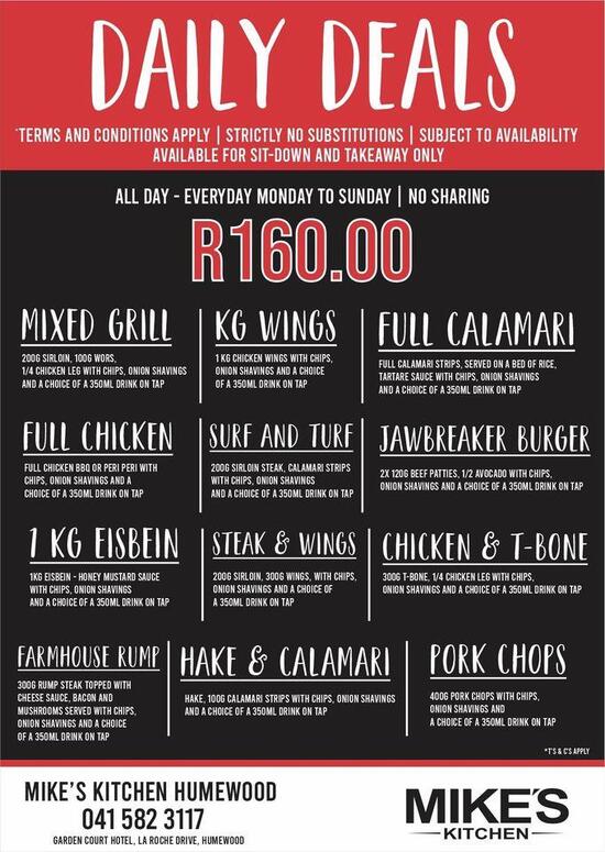 Menu at Mike's Kitchen restaurant, Port Elizabeth, Garden Court Hotel ...