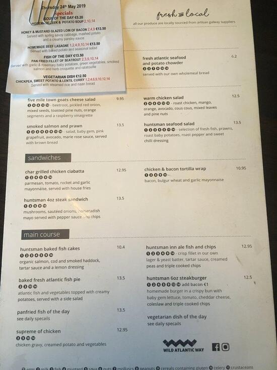 Menu at The Huntsman Inn pub & bar, Galway