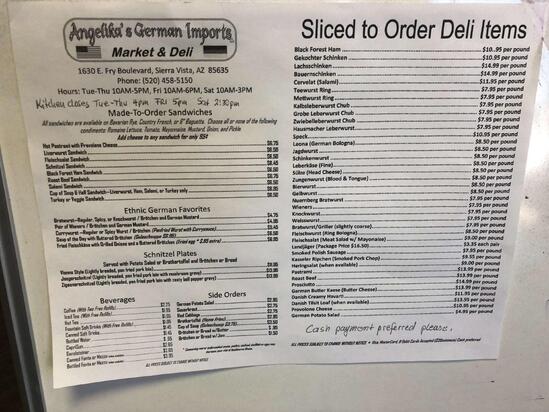 Menu at Angelika's German Imports restaurant, Sierra Vista
