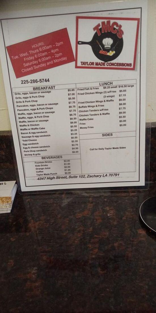 Menu at TMC’s cafe, Zachary, High St