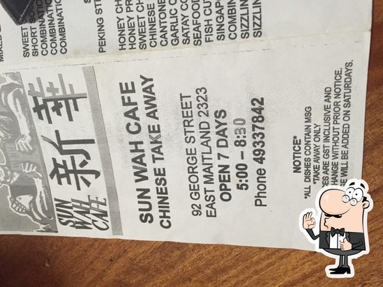 Menu at Sun Wah Cafe, East Maitland