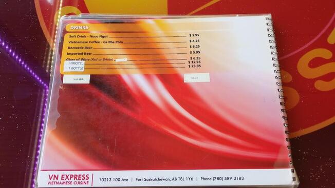 Restaurante VN Express (2014) Ltd., Fort Saskatchewan - Carta del ...