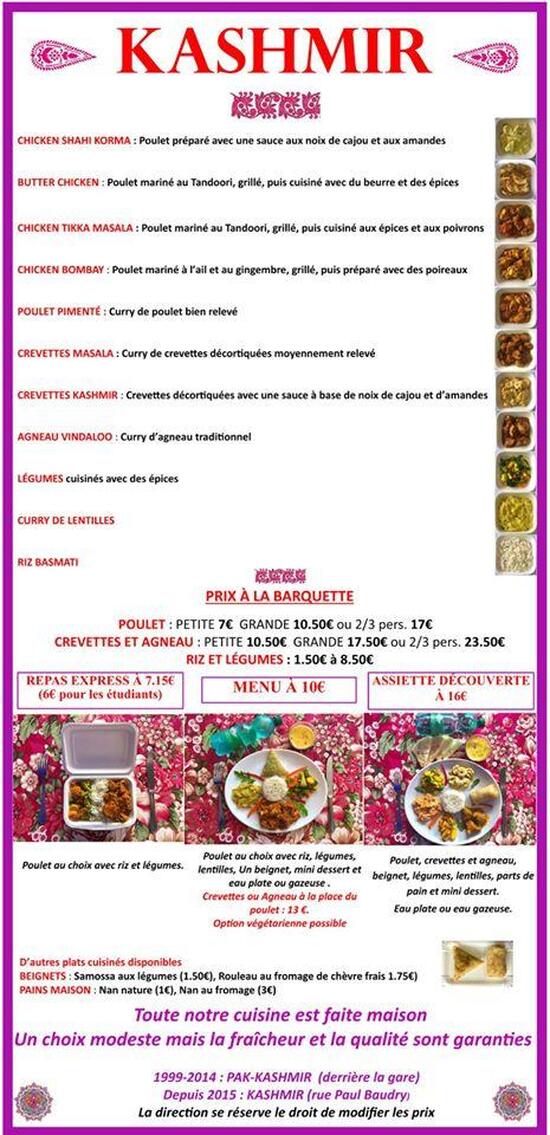 Menu at KASHMIR restaurant, La Roche-sur-Yon