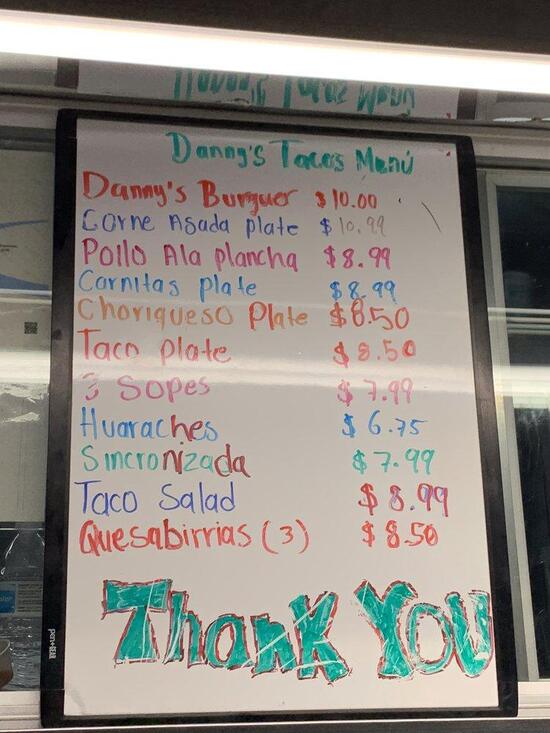 Menu at Danny’s Taco restaurant, Oklahoma City