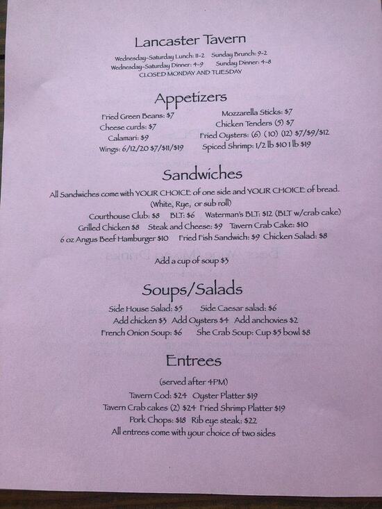 Menu at Lancaster Tavern and Inn restaurant, Lancaster