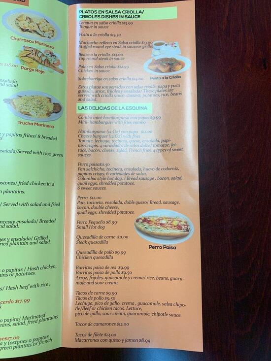 Menu at La Esquina del Sabor restaurant, Revere