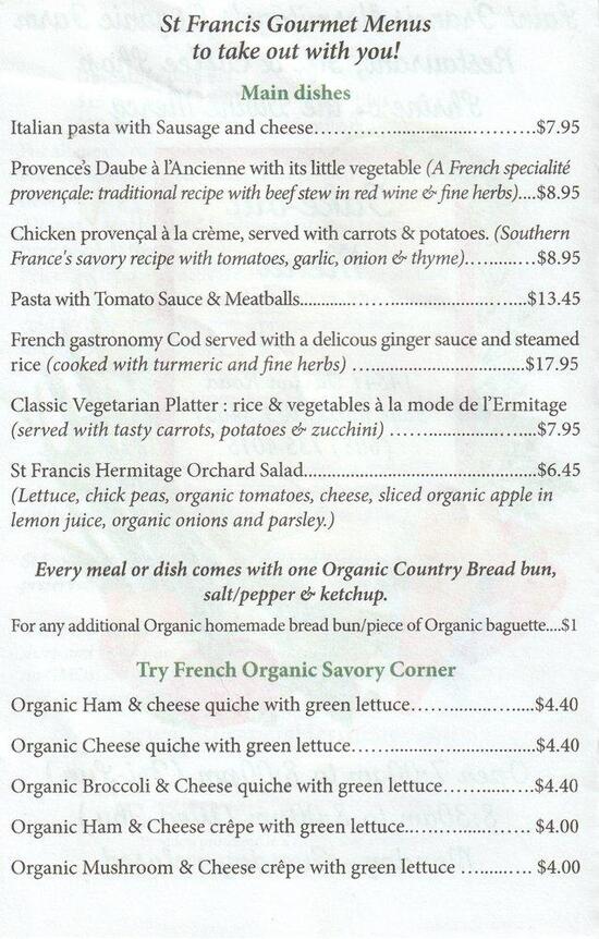 Menu at Saint Francis Hermitage desserts, Gays Mills