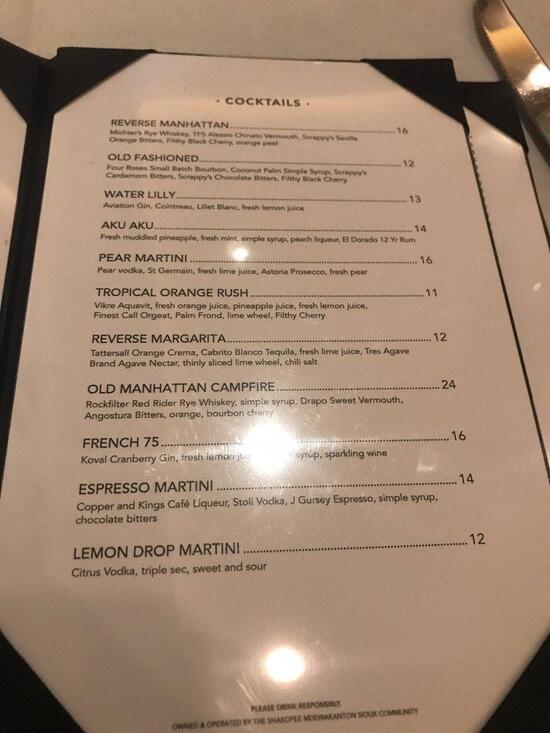 Menu at Mystic Lake Casino Hotel steakhouse, Prior Lake