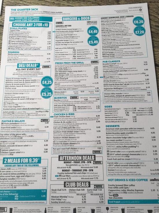 Menu at The Quarter Jack - JD Wetherspoon pub & bar, Wells